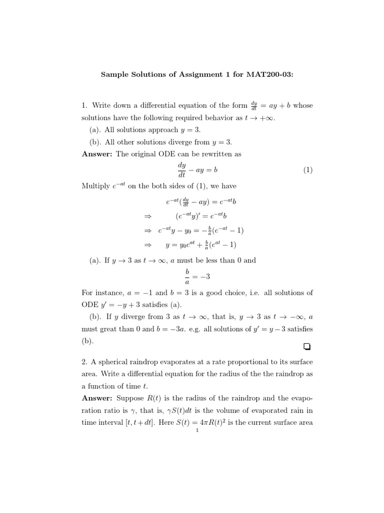 Sample Solution 1 | PDF | Ordinary Differential Equation | Differential Equations