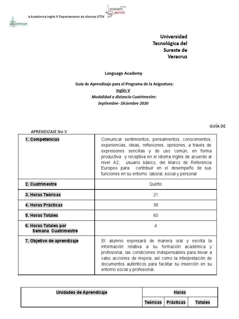 Guía de Aprendizaje Inglés V UTSV | PDF | Verbo | Aprendizaje