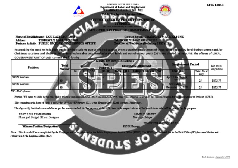 Spes Form 1 - Pledge of Commitment | PDF
