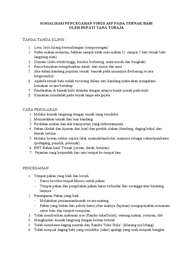Sosialisasi Pencegahan Virus Asf Pada Ternak Babi | PDF