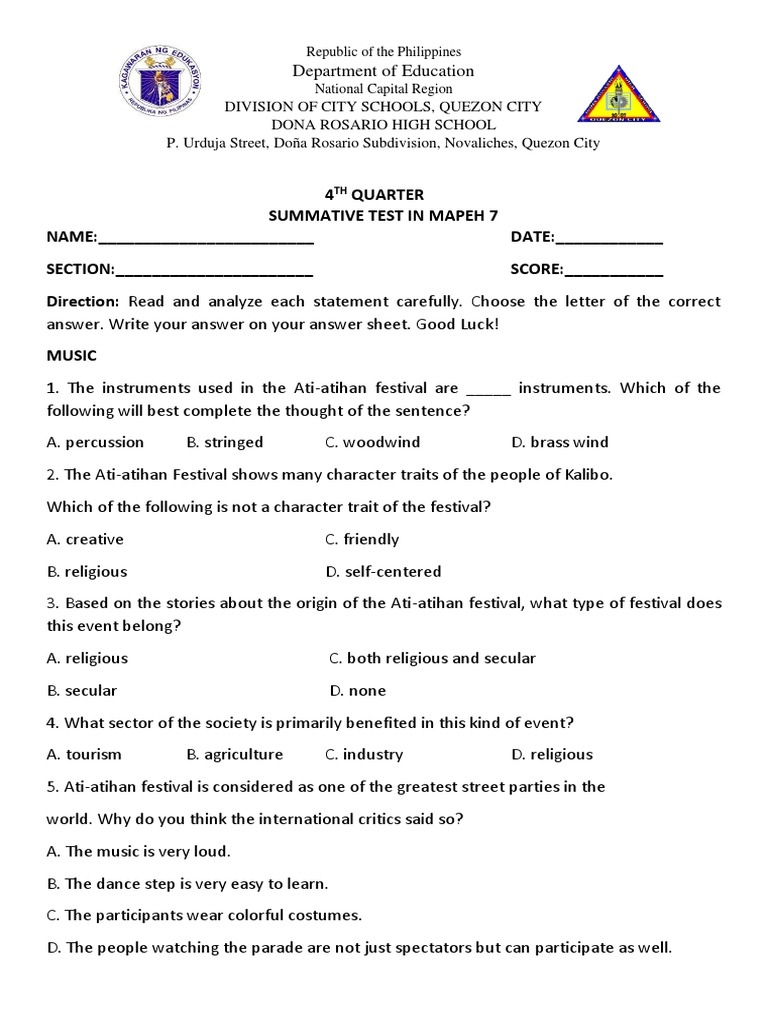 4TH Summative Test Mapeh | PDF