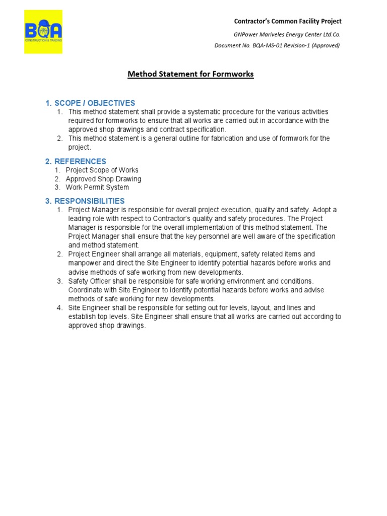 Method Statement for Formworks | PDF