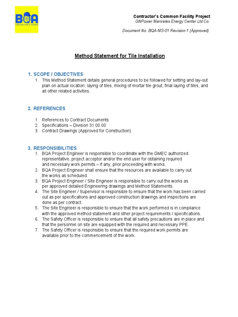 Method Statement For Tiles Installation | PDF | Tile | Mortar (Masonry)