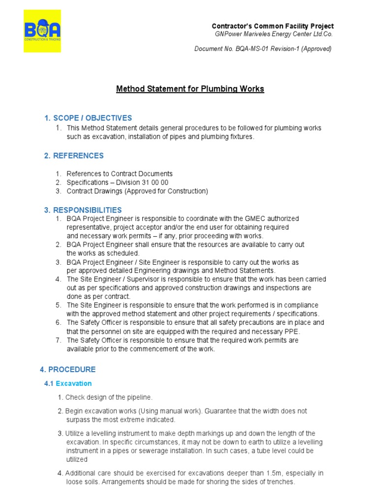 Plumbing Works Method Statement | PDF | Plumbing | Pipe (Fluid Conveyance)