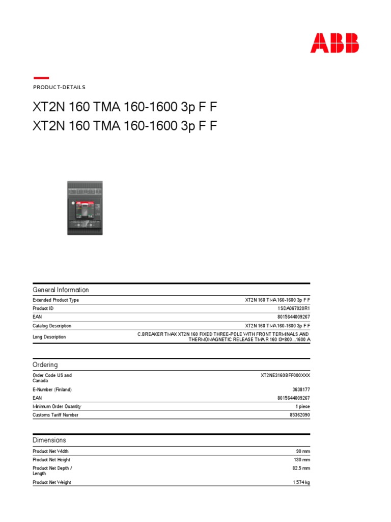 1SDA067020R1 xt2n 160 Tma 160 1600 3p F F | PDF | Alternating Current ...