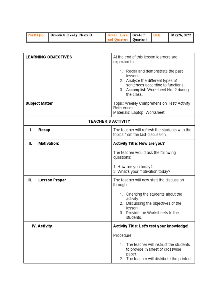GRADE 7 LESSON PLAN English | PDF | Teachers | Lesson Plan