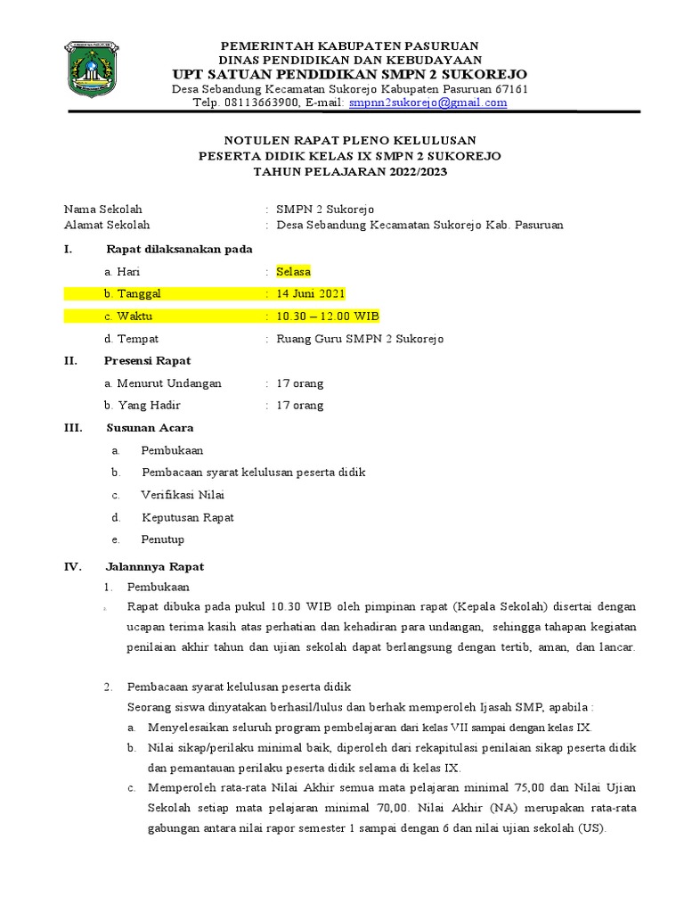 Notulen Rapat Kelulusan, Berita Acara, Dan Daftar Hadir | PDF