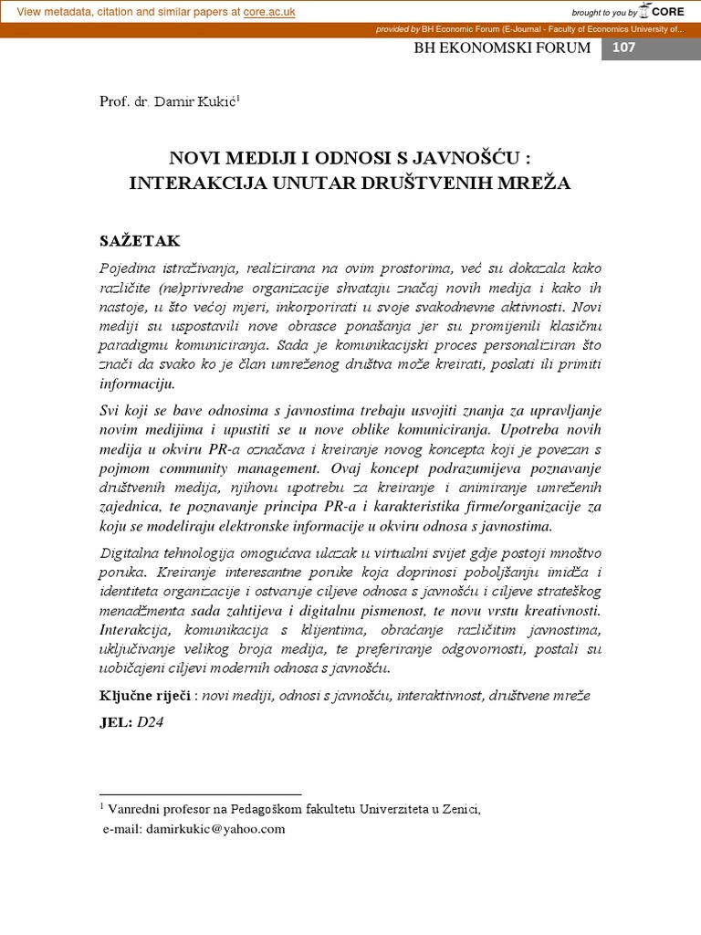 Novi Mediji I Odnosi S Javnošću: Interakcija Unutar Društvenih Mreža | PDF