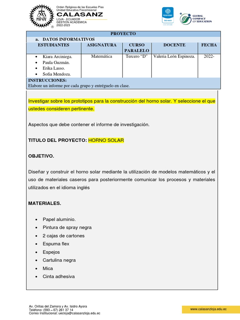 Proyecto de Horno Solar Educativo | PDF