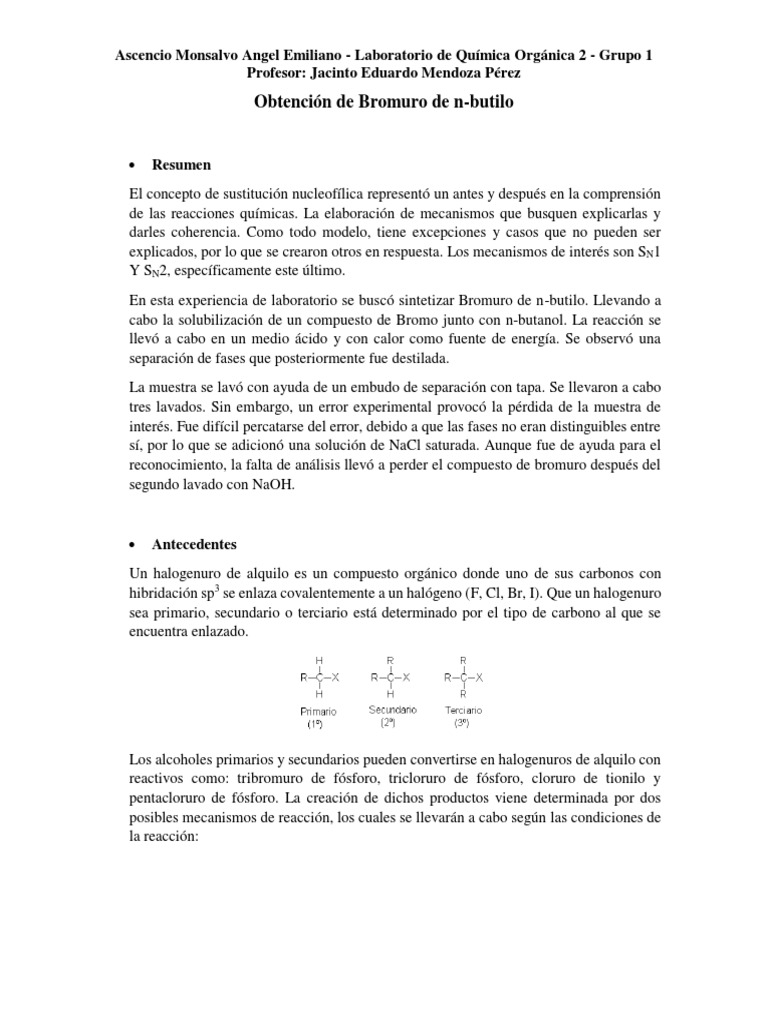 Obtención de Bromuro de N-Butilo - Ascencio Monsalvo Angel | PDF | Destilación | Materiales