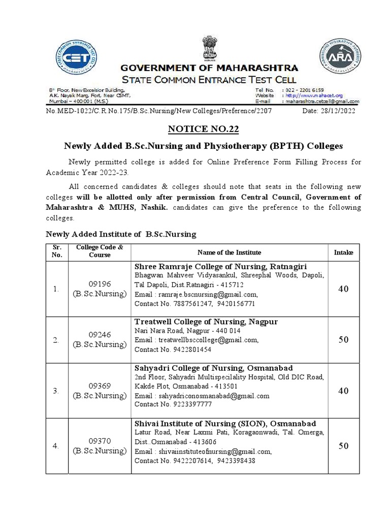 Notice No.22 Newly Added B.SC - Nursing and Physiotherapy (BPTH ...