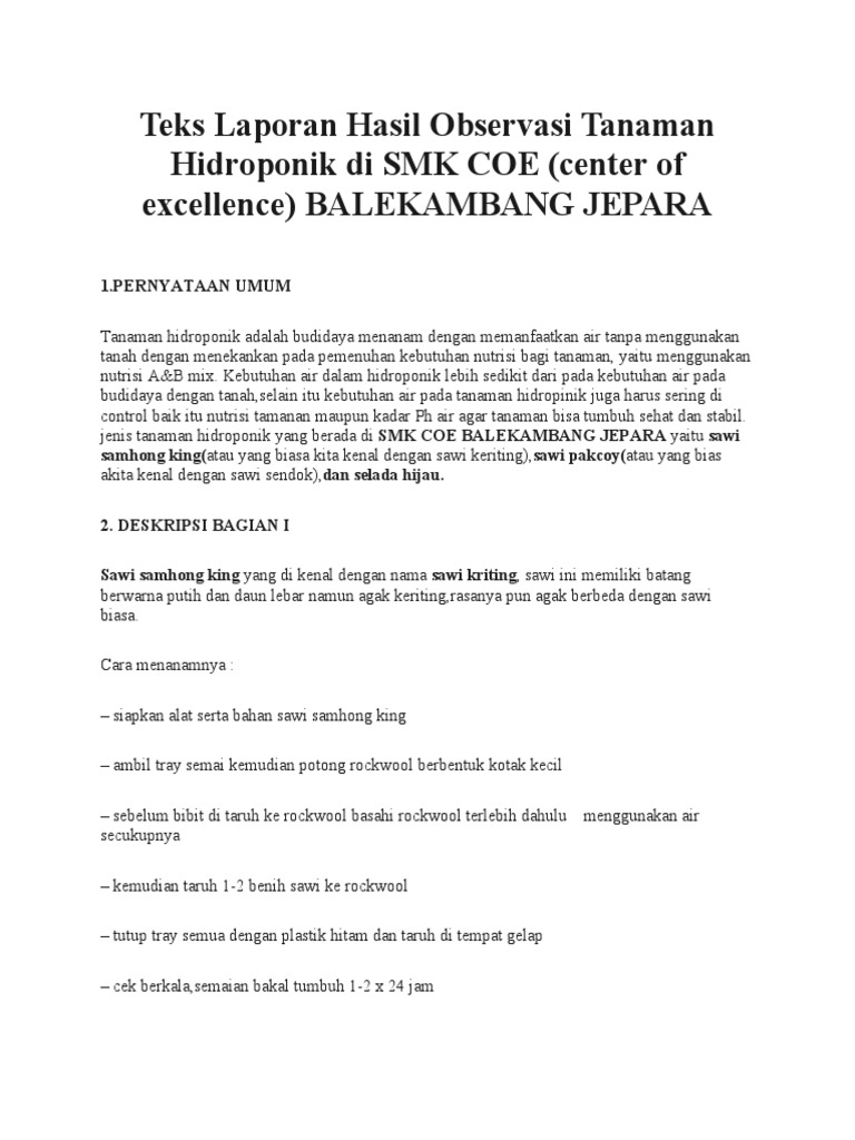 Teks Laporan Hasil Observasi Tanaman Hidroponik Di SMK COE | PDF