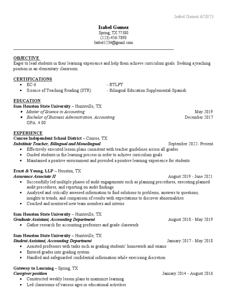Isabel Gomez Resume 2023 | PDF | Lesson Plan | Teachers