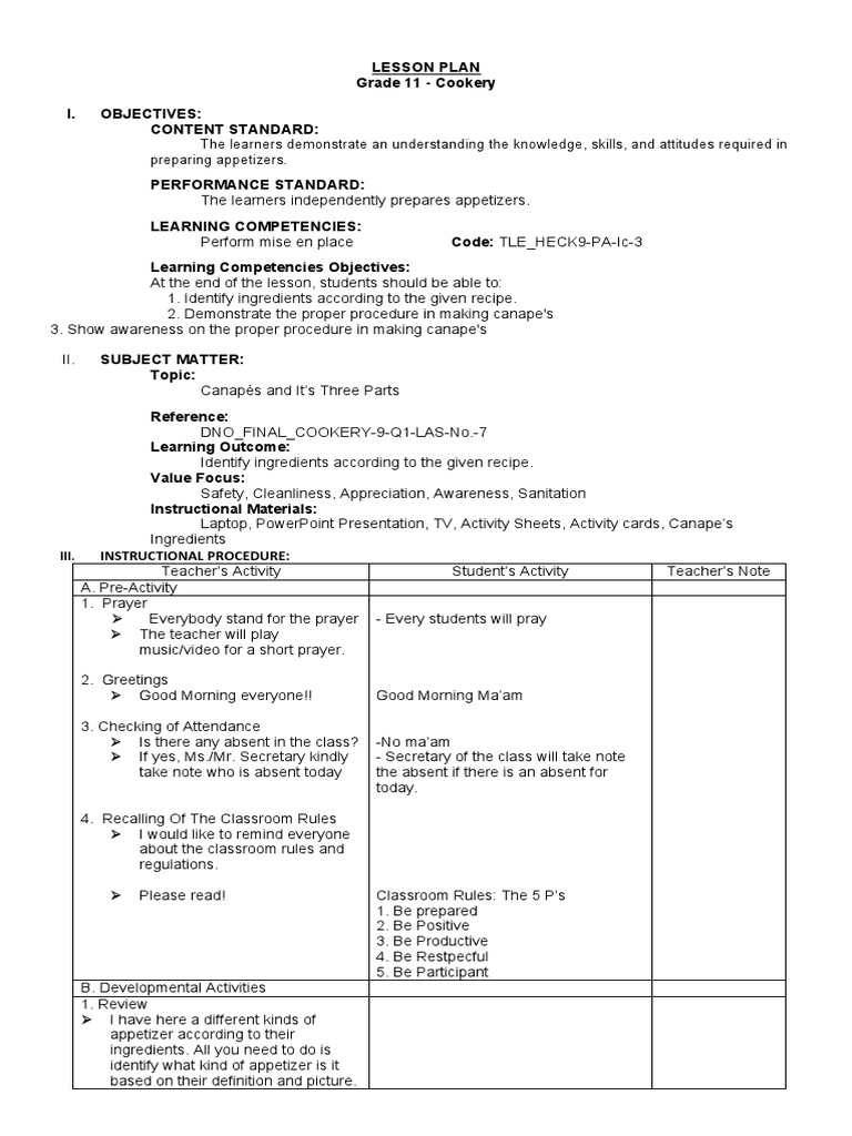 LESSON PLAN in CANAPES | PDF | Pickling | Salad