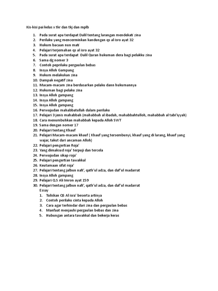 Kisi-Kisi Pai Kelas X TKR, TKJ, Dan MPLB | PDF | Agama & Spiritualitas