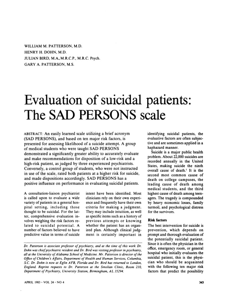 Evaluation of Suicidal Patients - The SAD PERSONS Scale | PDF | Suicide ...