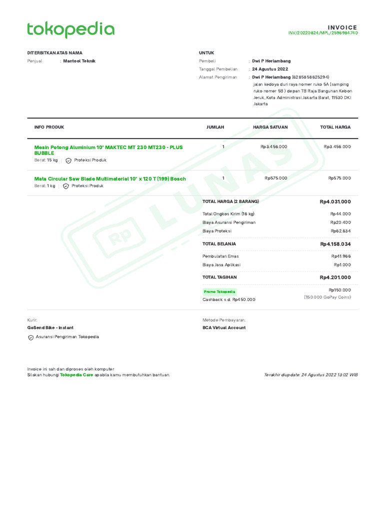 Invoice Mesin Potong | PDF