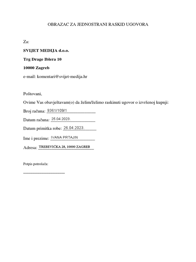 Obrazac Za Je Dnostrani Raskid Ugovora | PDF