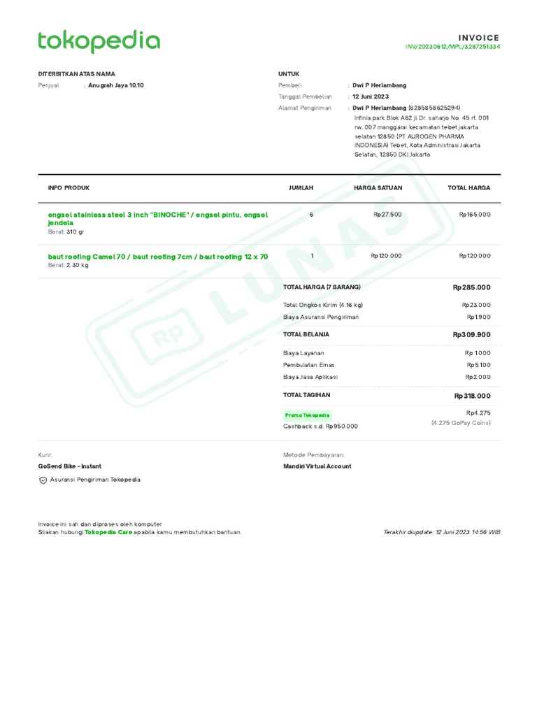 Invoice Pembelian Tokopedia | PDF