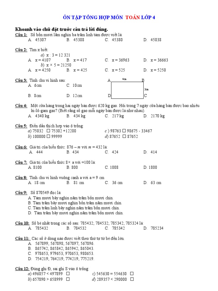 On Tap Tong Hop Toan Lop 4 | PDF