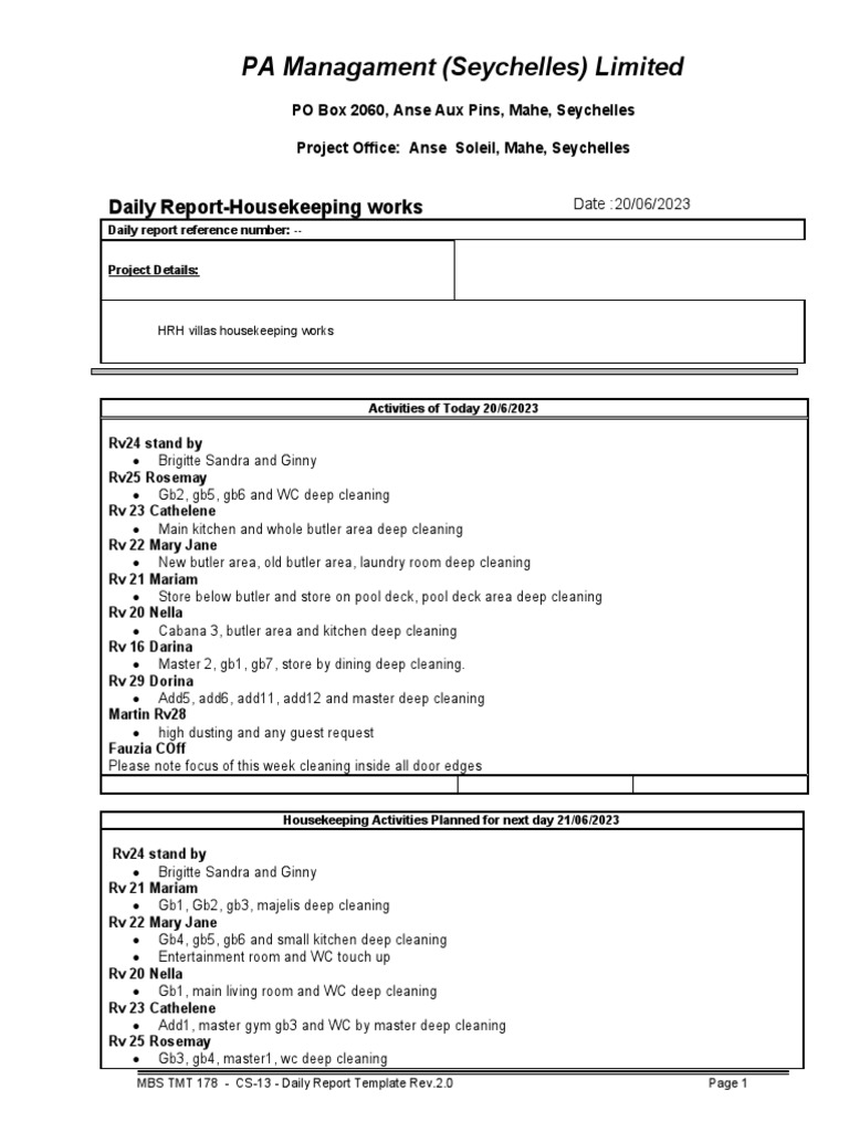 Housekeeping Worksheets
