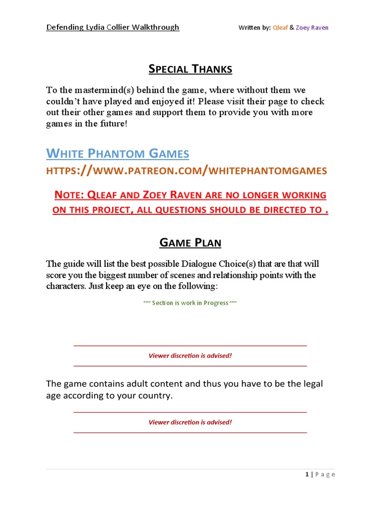 Defending Lydia Collier v0.9.1 Walkthrough | PDF