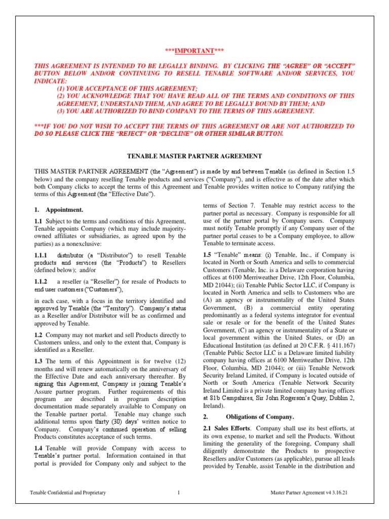 Tenable+Master+Partner+Agreement+v4+3 16 21+CLICK | PDF | Intellectual Property | Information ...