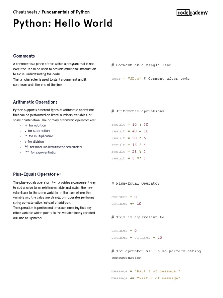 Fundamentals Of Python Python Hello World Cheatsheet Codecademy Pdf Parameter