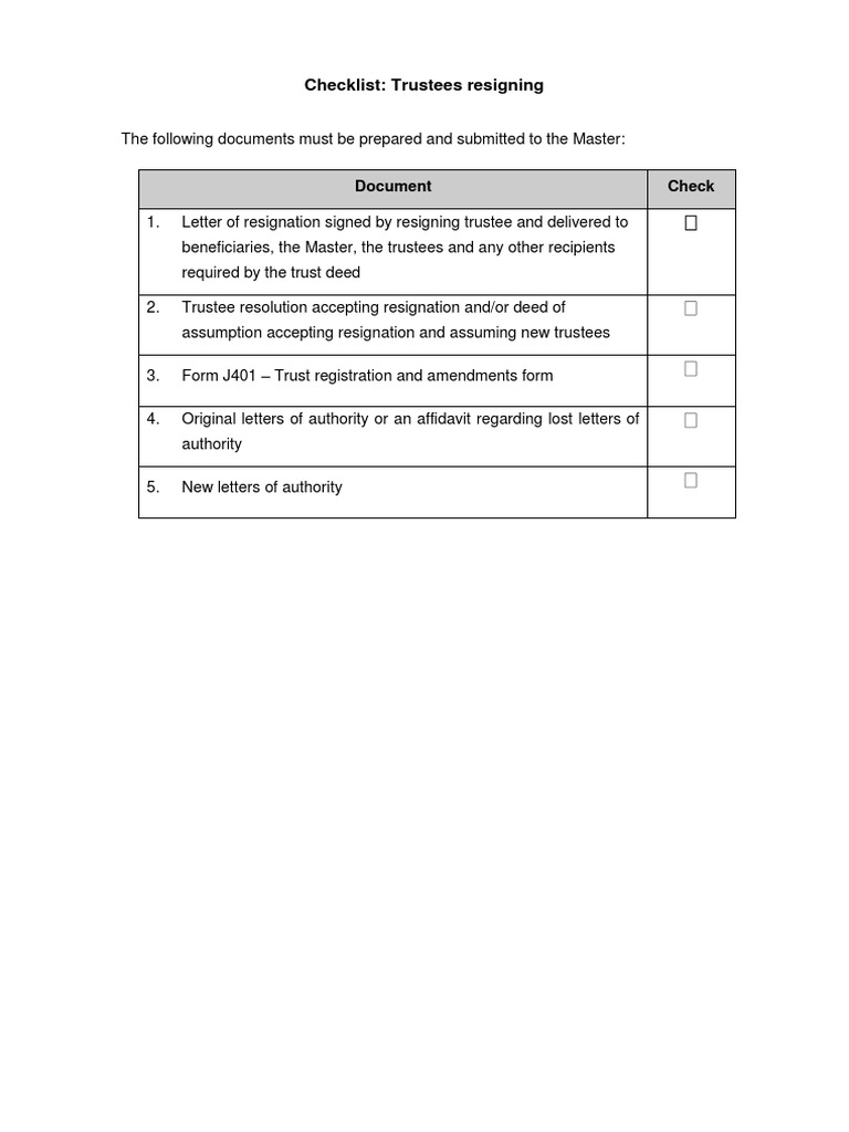 Trustee Resignation Document Checklist | PDF