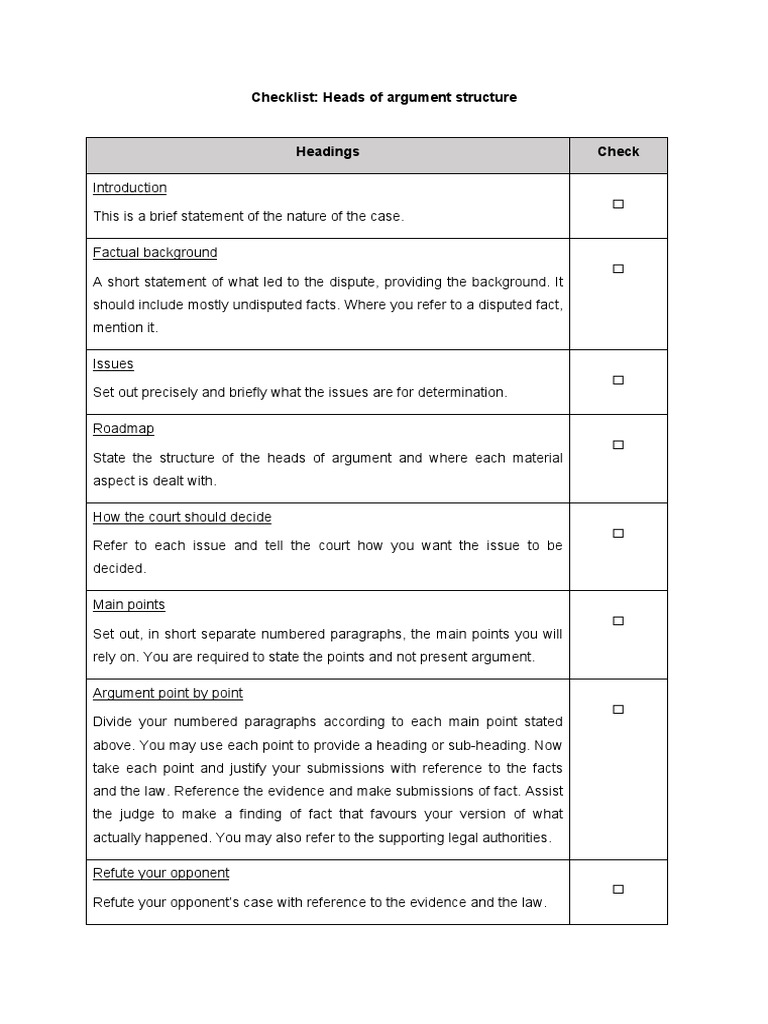 Checklist - Heads of Argument Structure | PDF