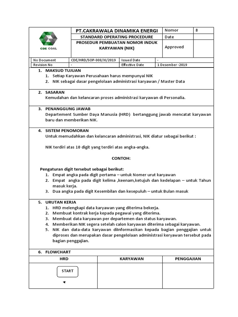 Prosedur Pembuatan Nomor Induk Karyawan (Nik) | PDF | Bisnis ...