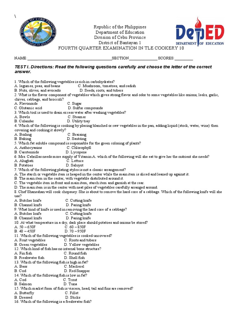 Fourth Quarter Examination in Tle Cookery 10 | PDF | Vegetables | Cooking