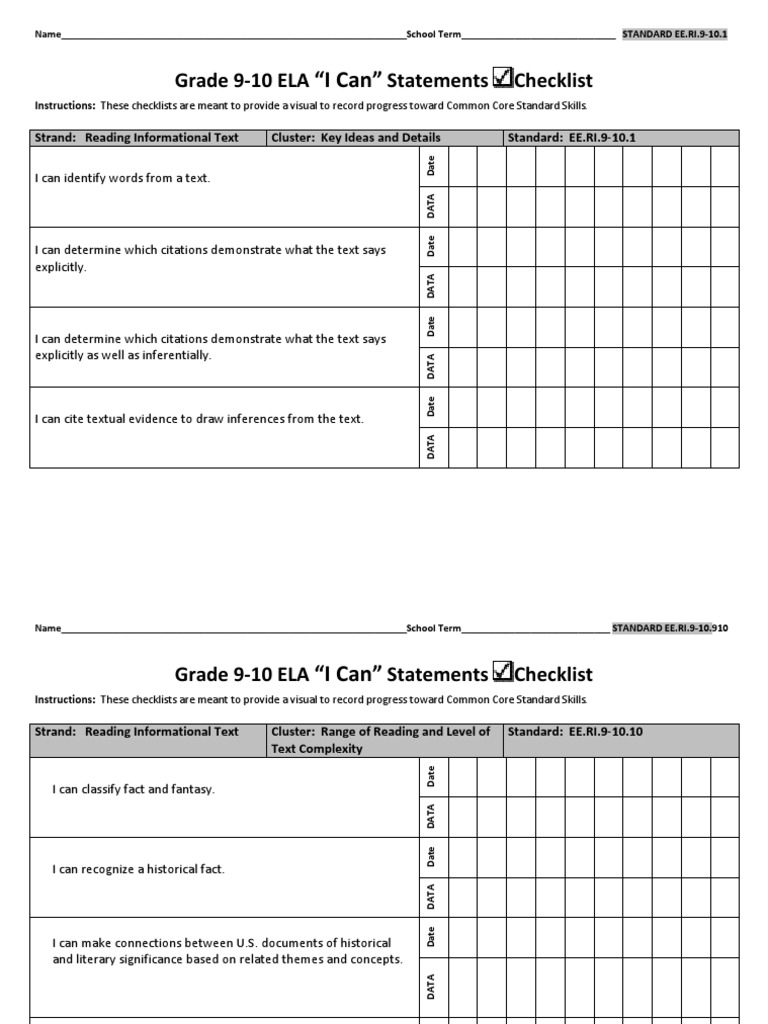 ELA 9-10 "I Can" Statements Checklist | PDF | English Language | Data