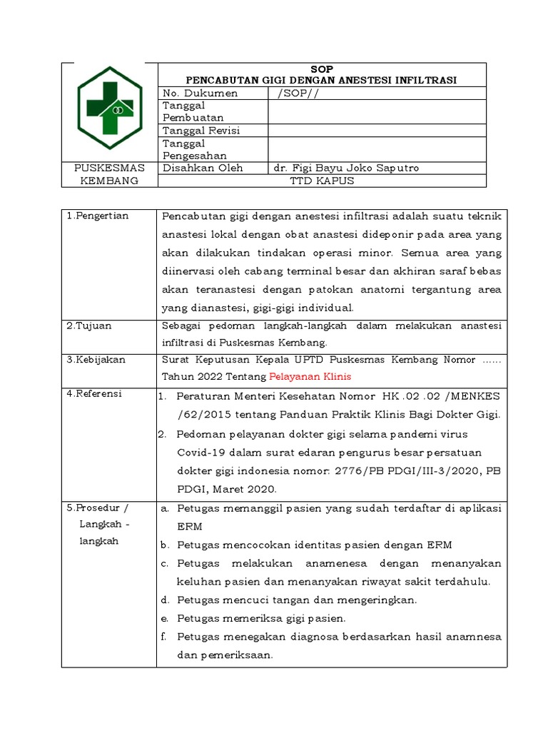 SOP PENCABUTAN GIGI DENGAN ANASTESI INFILTRASI | PDF