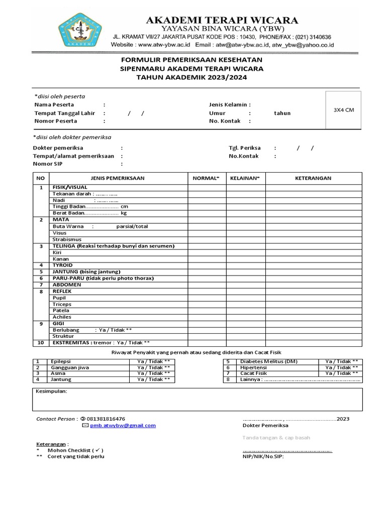 Formulir Pemeriksaan Kesehatan 2023/2024 | PDF