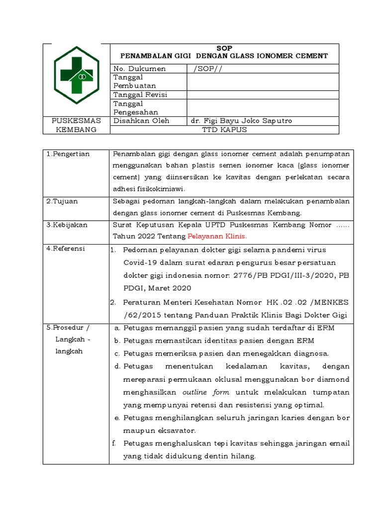 SOP Tambal Gigi di Puskesmas | PDF