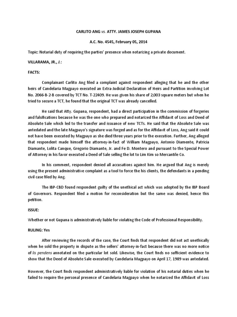 Carlito Ang vs. Atty. James Joseph Gupana | Download Free PDF | Notary Public | Affidavit