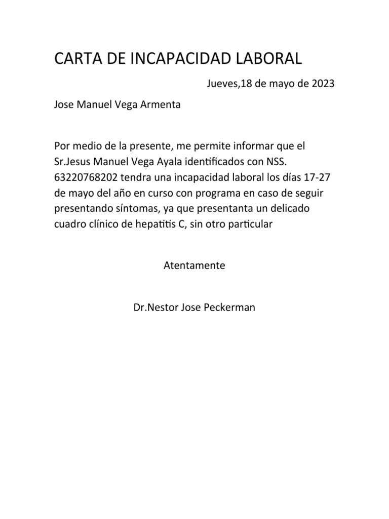 Carta de Incapacidad Laboral | PDF