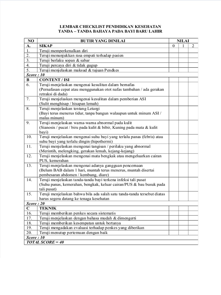Check List Penkes Tanda Bahaya BBL | PDF