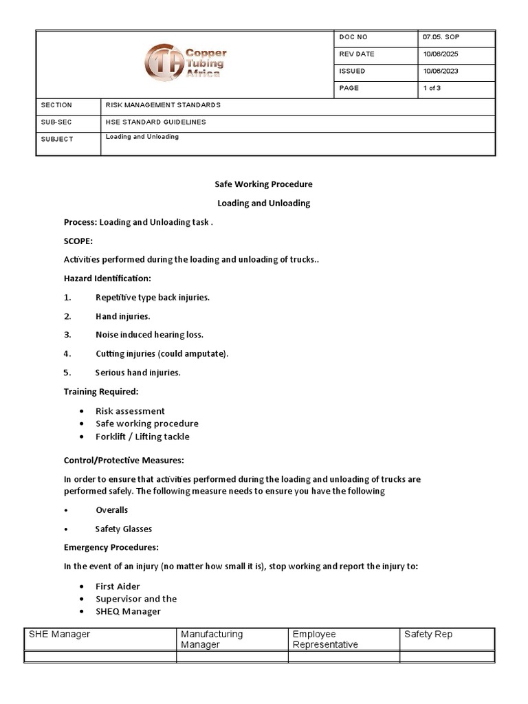 Safe Working Procedure For Loading And Unloading Pdf Safety
