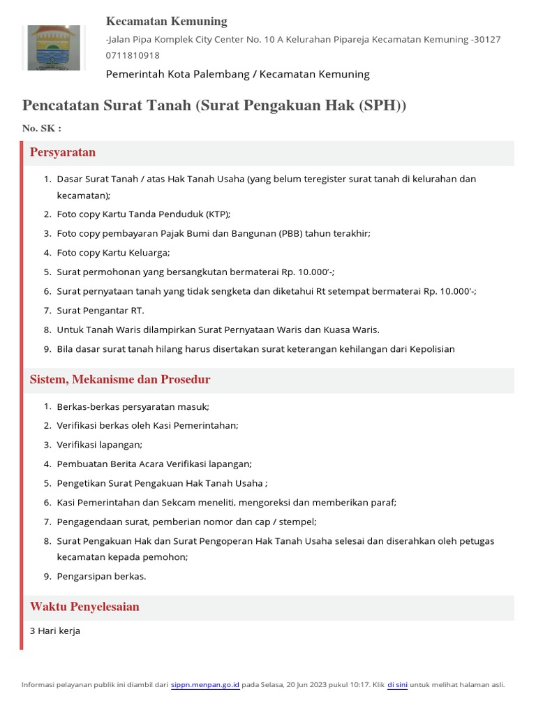 Unduh Standar Pelayanan - Pencatatan Surat Tanah (Surat Pengakuan Hak (SPH) ) | PDF | Hukum
