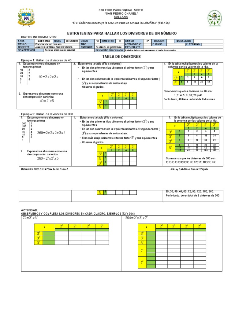 MATERIAL para Hallar Los Divisores Tabla de Divisores | PDF | Matemáticas