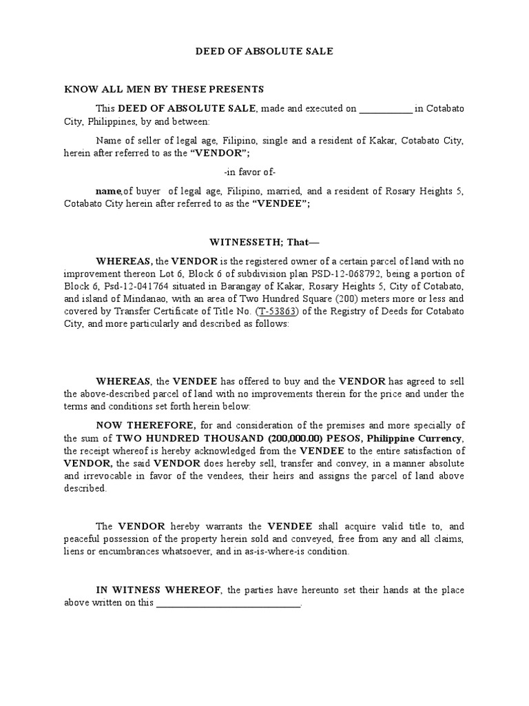 Deed of Absolute Sale | PDF | Deed | Civil Law (Common Law)