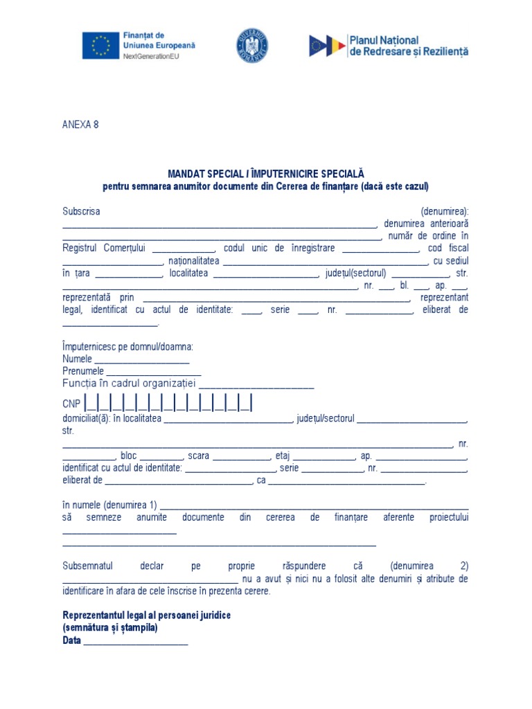 Anexa 8. Mandat Special Împuternicire Semnare Anumite Documente Din Cererea de Finanțare - Școli ...
