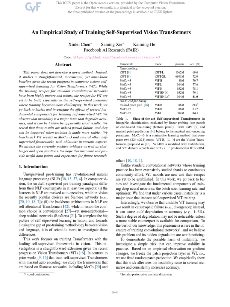 Chen An Empirical Study of Training Self-Supervised Vision Transformers ICCV 2021 Paper | PDF ...