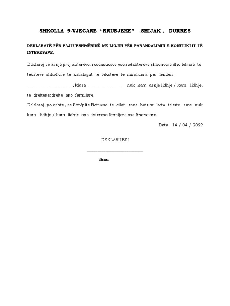 Deklarate Per Konflik Interesi 1 | PDF