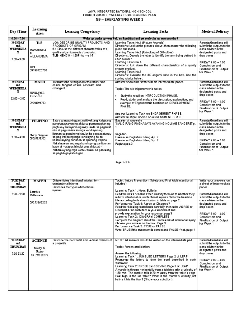 Weekly Learning Plan for Grade 9 | PDF | Trigonometric Functions