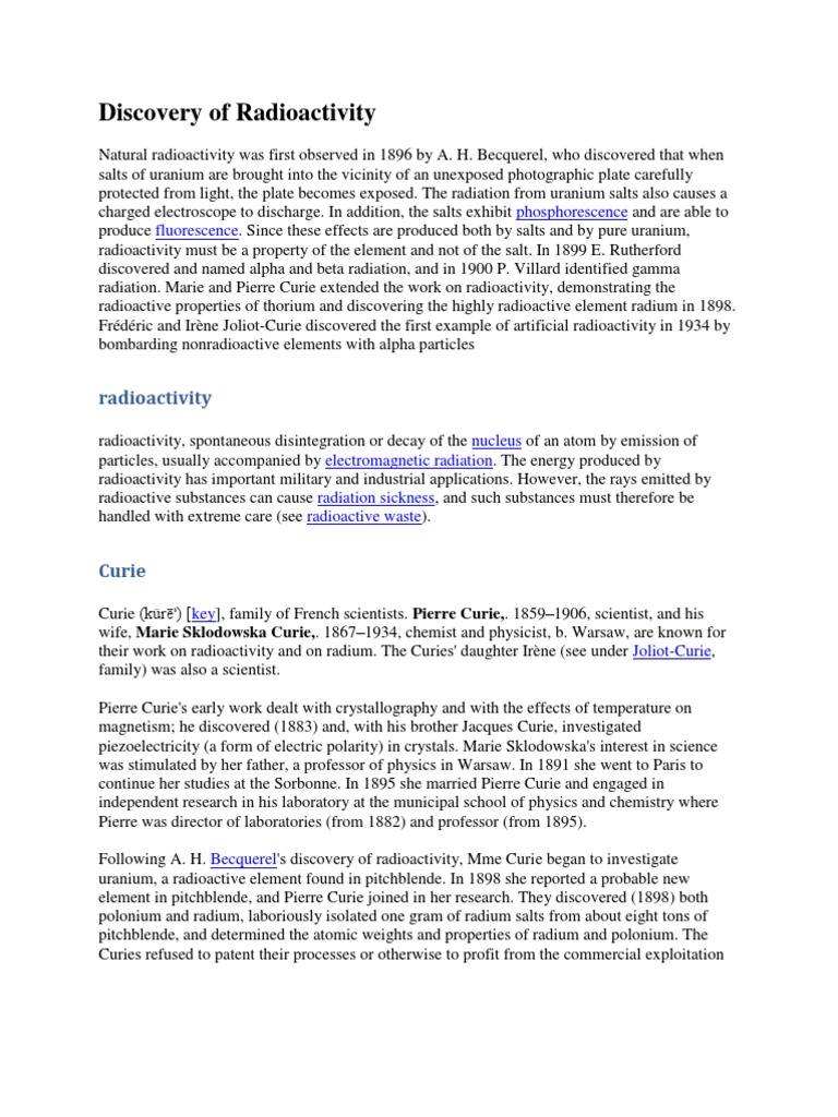 Discovery of Radioactivity | PDF | Marie Curie | Radioactive Decay