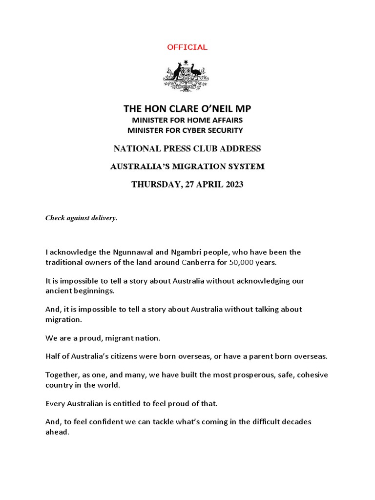 The Hon Clare ONeil MP National Press Club Address | PDF | Human ...