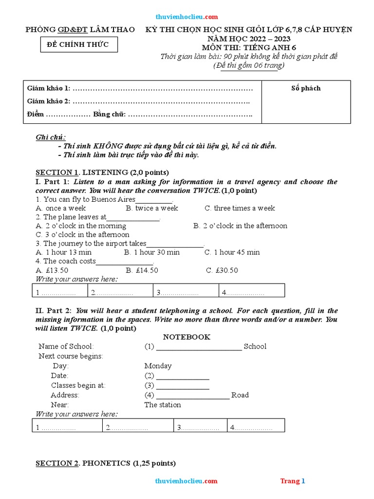 De Thi HSG Tieng Anh 6 Huyen Lam Thao 22 23 | PDF | David Beckham | English Language